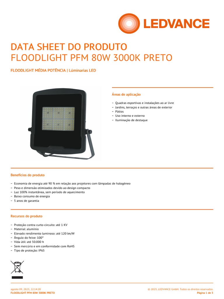 Data Sheet Do Produto Data Sheet Do Produto Floodlight PFM 80W 3000K Preto | PDF