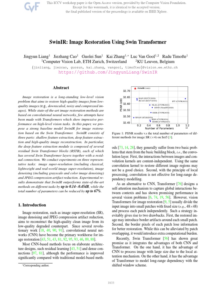 Liang SwinIR Image Restoration Using Swin Transformer ICCVW 2021 Paper ...