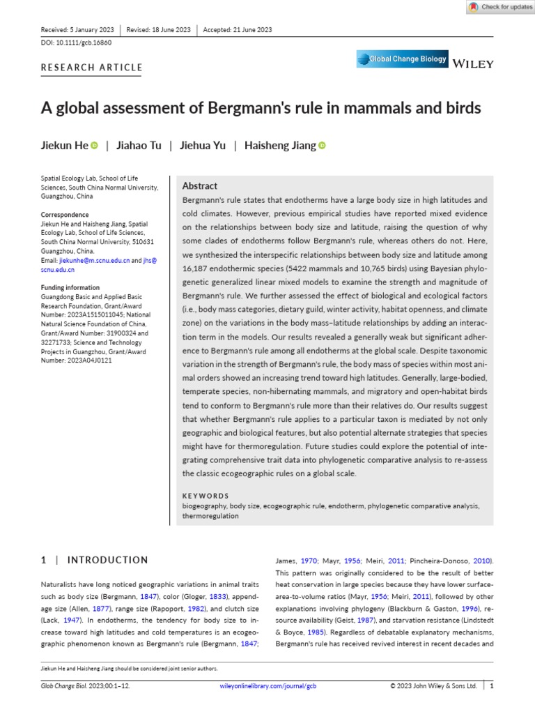 A global assessment of Bergmann's rule in mammals and birds | PDF