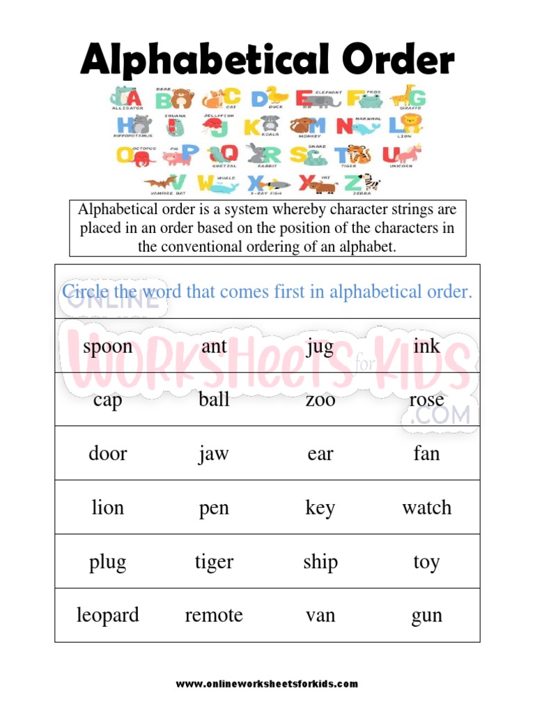 Alphabetical Order Worksheets for Grade 1-1 | PDF