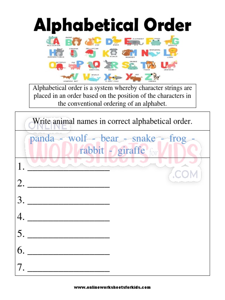 Alphabetical Order Worksheets For Grade 1-7 | PDF