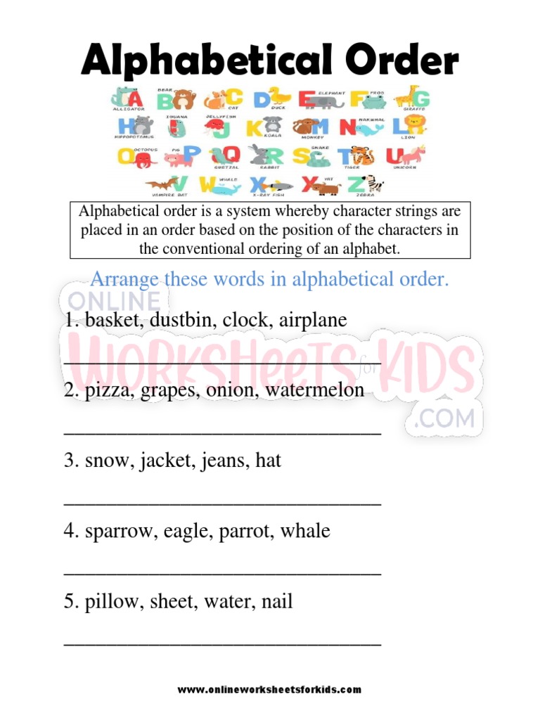 Alphabetical Order Worksheets For Grade 1-4 | PDF