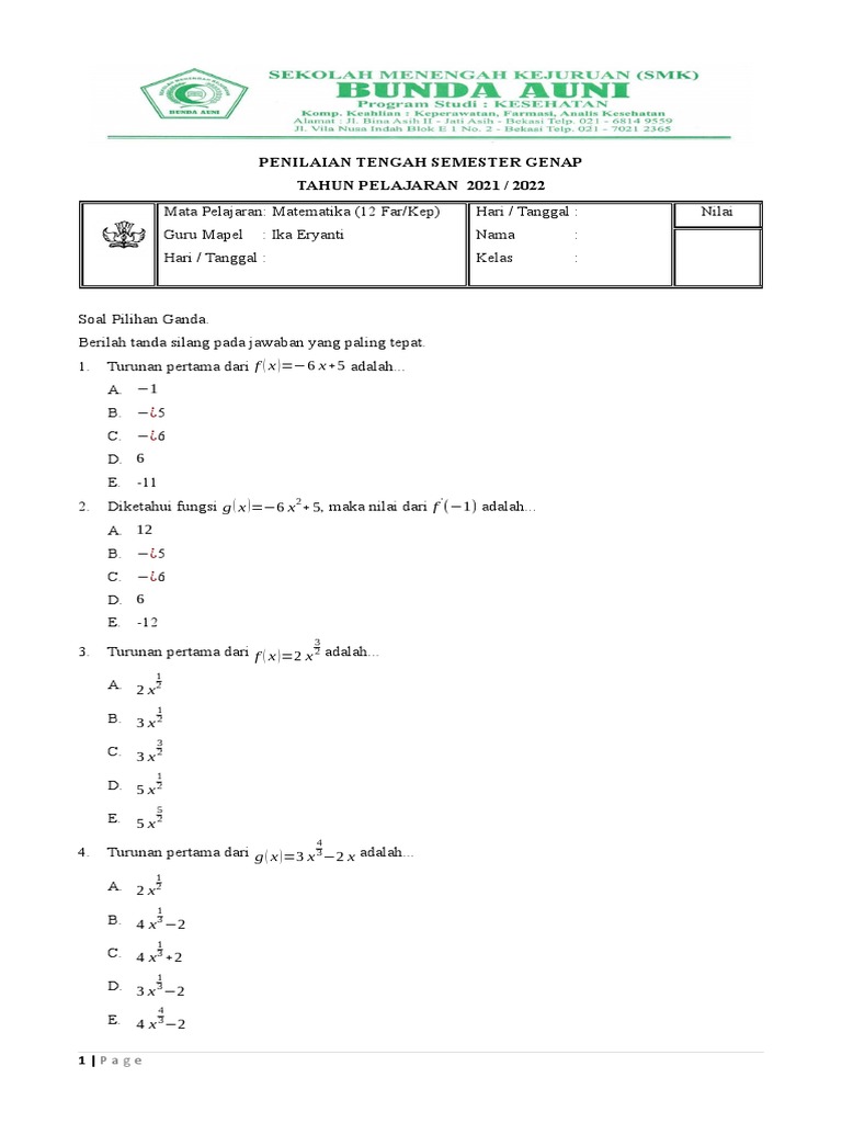 UTS Genap Matematika Kelas 12 - Naskah Soal Dan Kunci | PDF