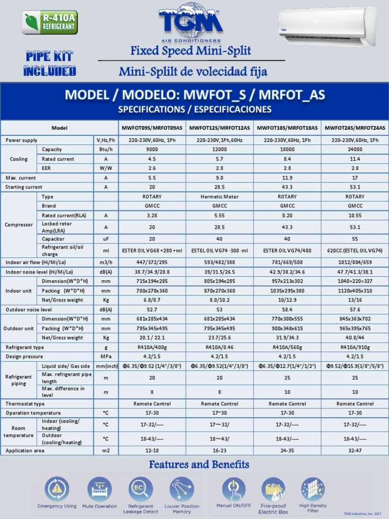 TGM Fixed Speed Mini-Split Specs | PDF | Technology & Engineering