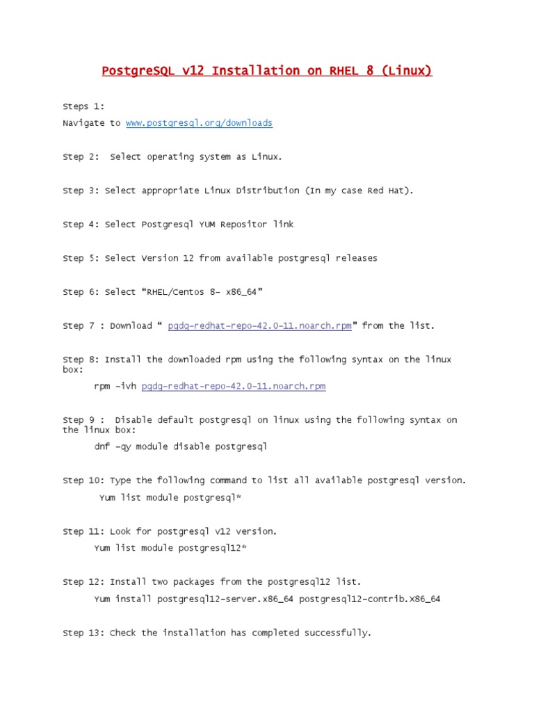 PostgreSQL v12 Installation On RHEL 8 | PDF