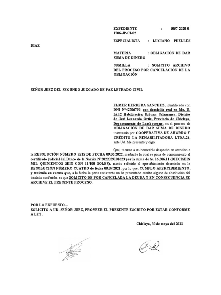 Solicito Archivo Del Proceso Por Deuda Cancelada - Elmer Herrera | PDF