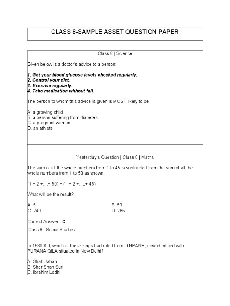 Class 8-Sample Asset Question Paper | PDF | Soil Fertility | Weighing Scale
