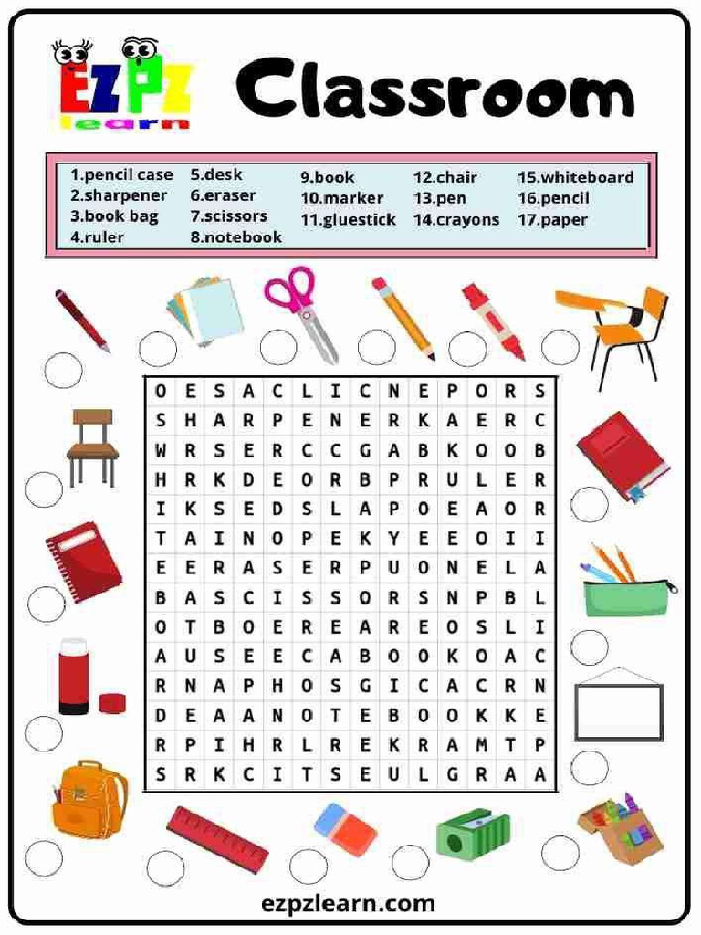 Free English Word Search Game Topic Classroom Objects Worksheet For ...