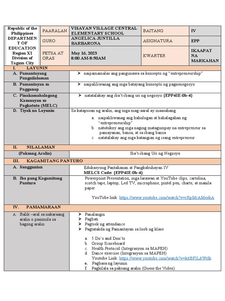 Sample Lesson Plan for EPP | PDF
