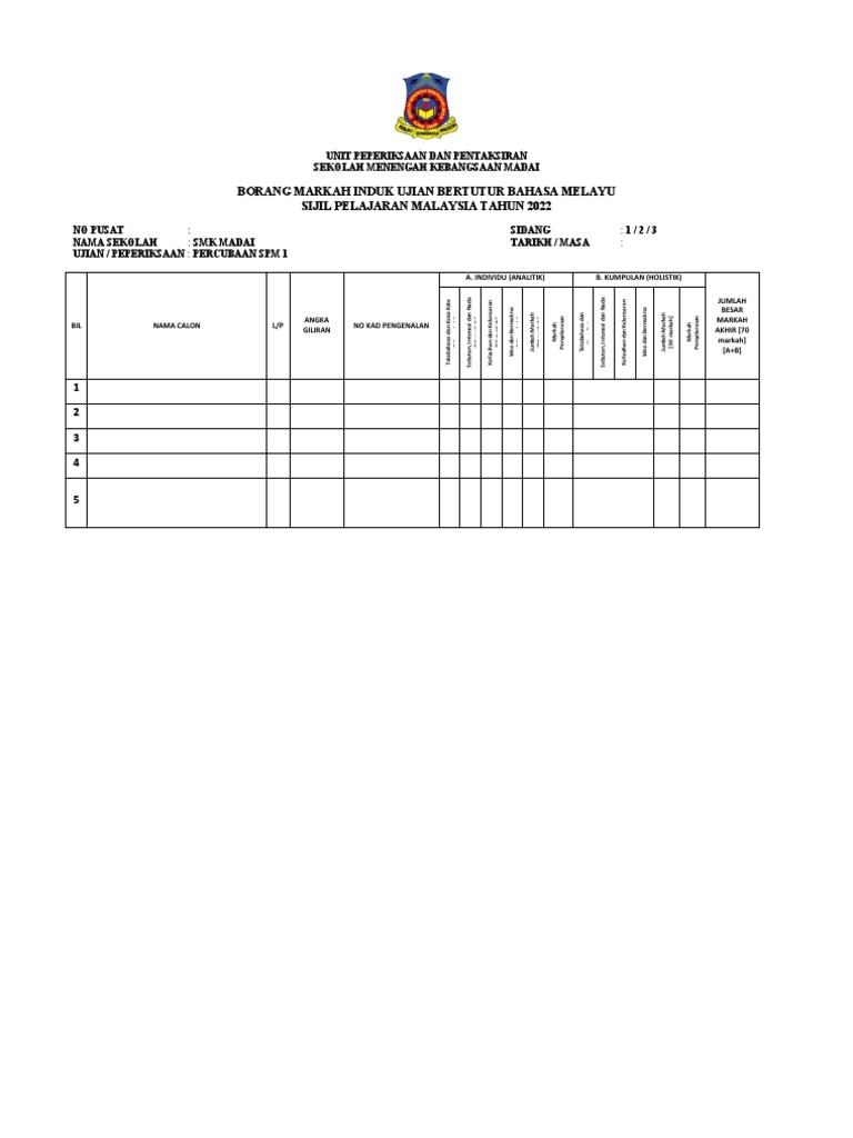 Borang Markah Ujian Bertutur BM | PDF