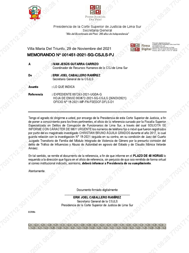 MEMORANDO #001451-2021-SG-CSJLS-PJ: Villa Maria Del Triunfo, 29 de Noviembre Del 2021 | PDF ...