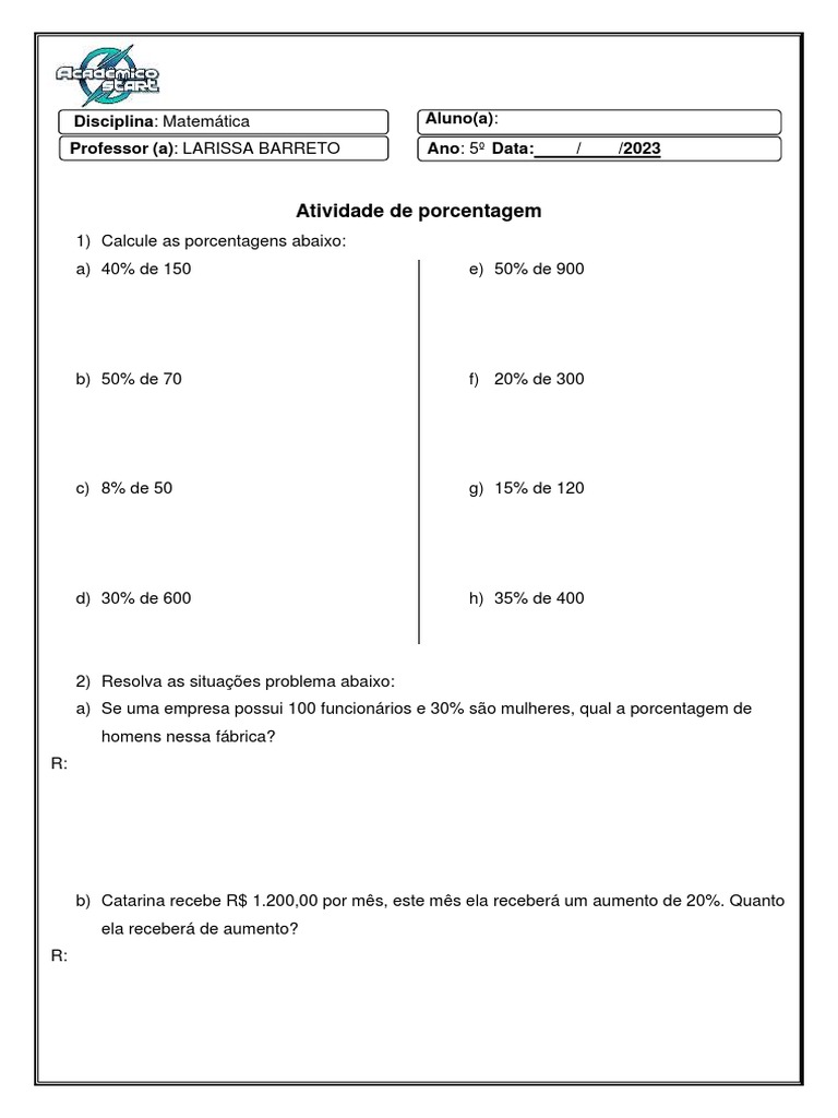 Atividade de Matematica Porcentagem 5 Ano | PDF