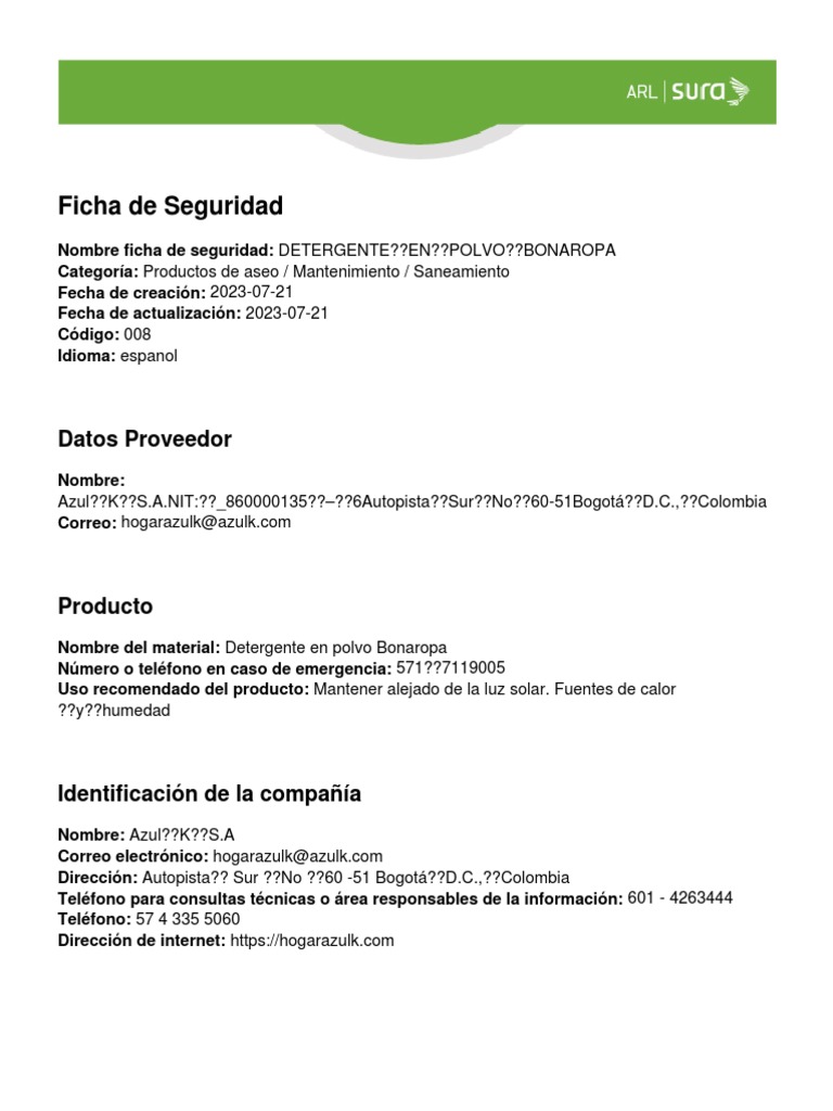 Ficha Tecnica Detergente en Polvo | PDF | Agua | Química
