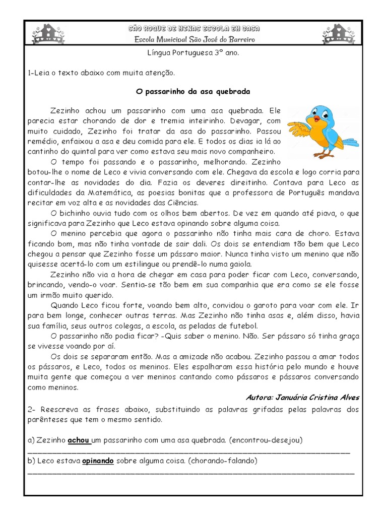 Atividade de Português para o Terceiro Ano | PDF