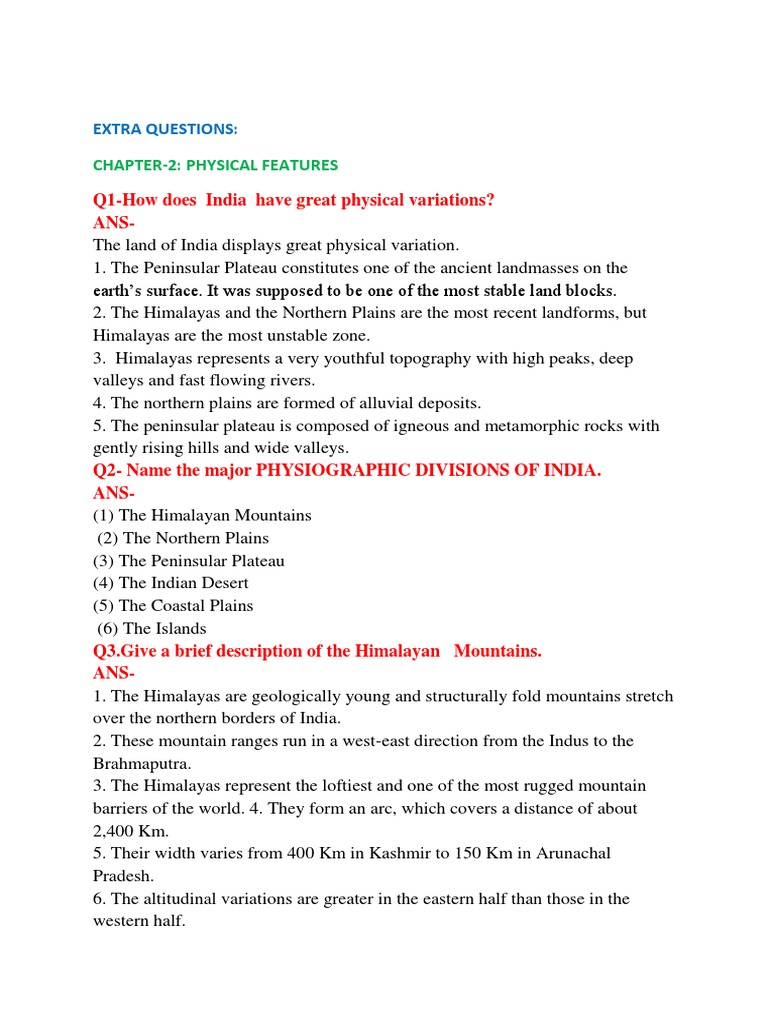 Extra Questions Chapter-2 Physical Features (Himalayas) | PDF