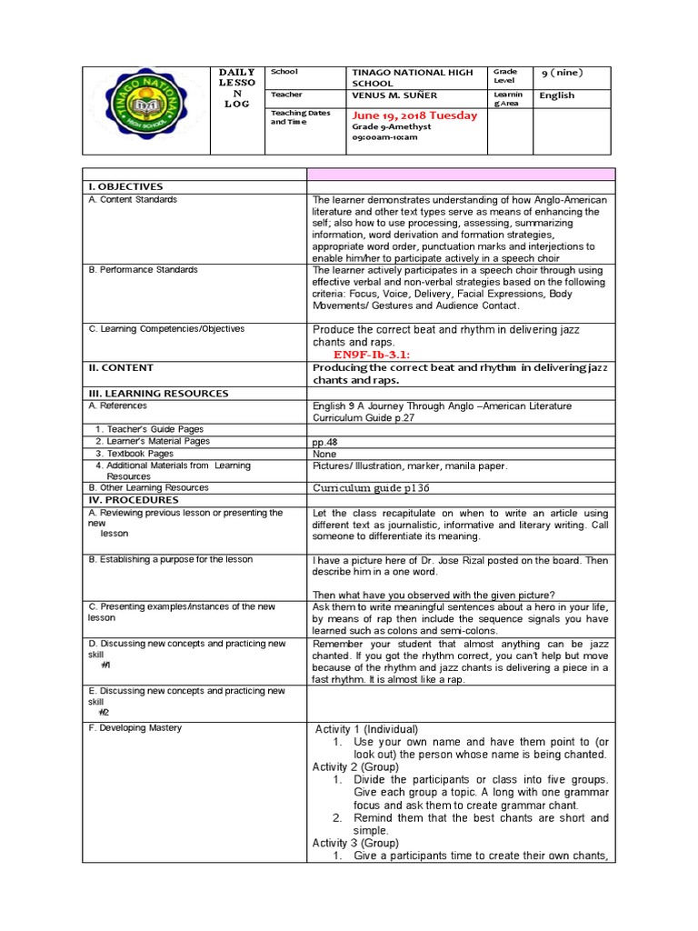 DLL G9 & G8 07192018.docx7 | PDF | Learning | Rapping