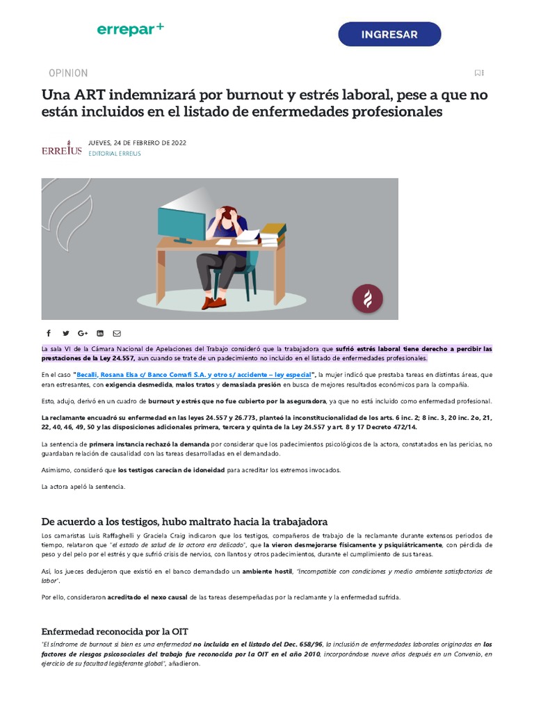 Una ART Indemnizará Por Burnout... | PDF