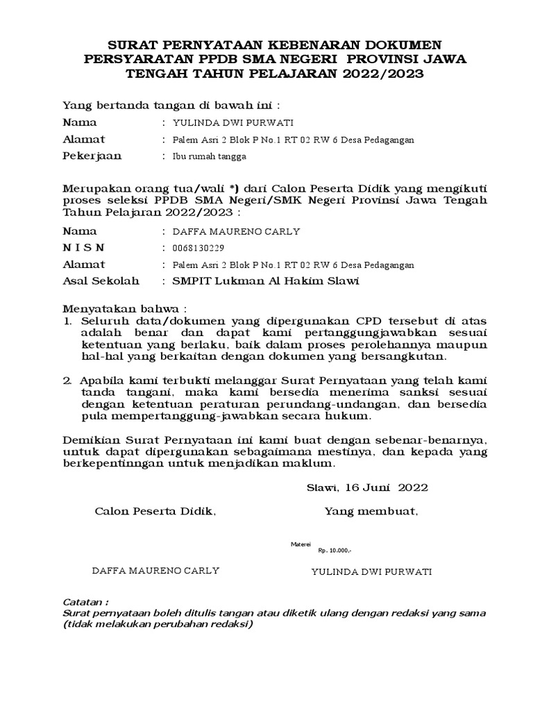 Surat Pernyataan Kebenaran Dokumen-Daffa | PDF | Karier & Perkembangan