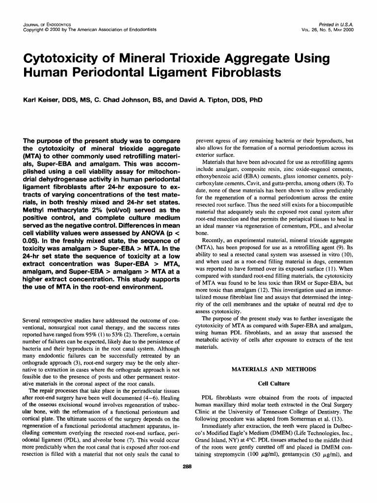 Cytotoxicity of Mineral Trioxide Aggregate Using Human Periodontal Ligament Fibroblasts | PDF