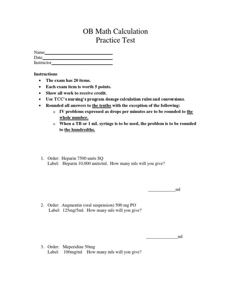 OB Math Calculation - Practice Test | PDF | Drugs | Nature
