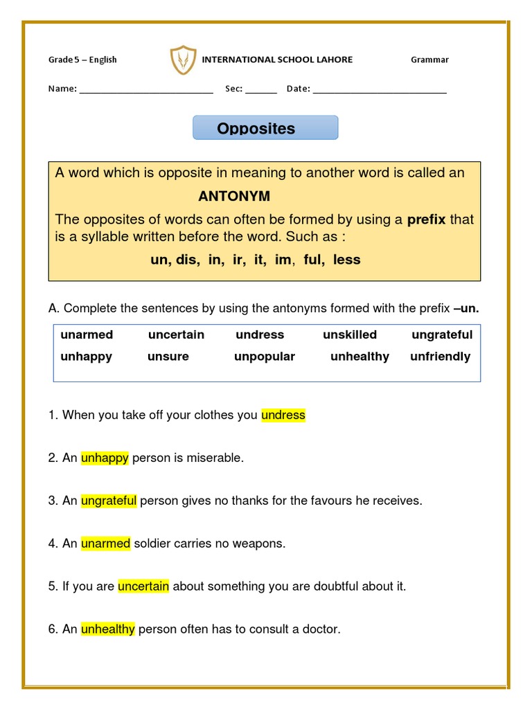 Grammar Worksheet Opposites | PDF