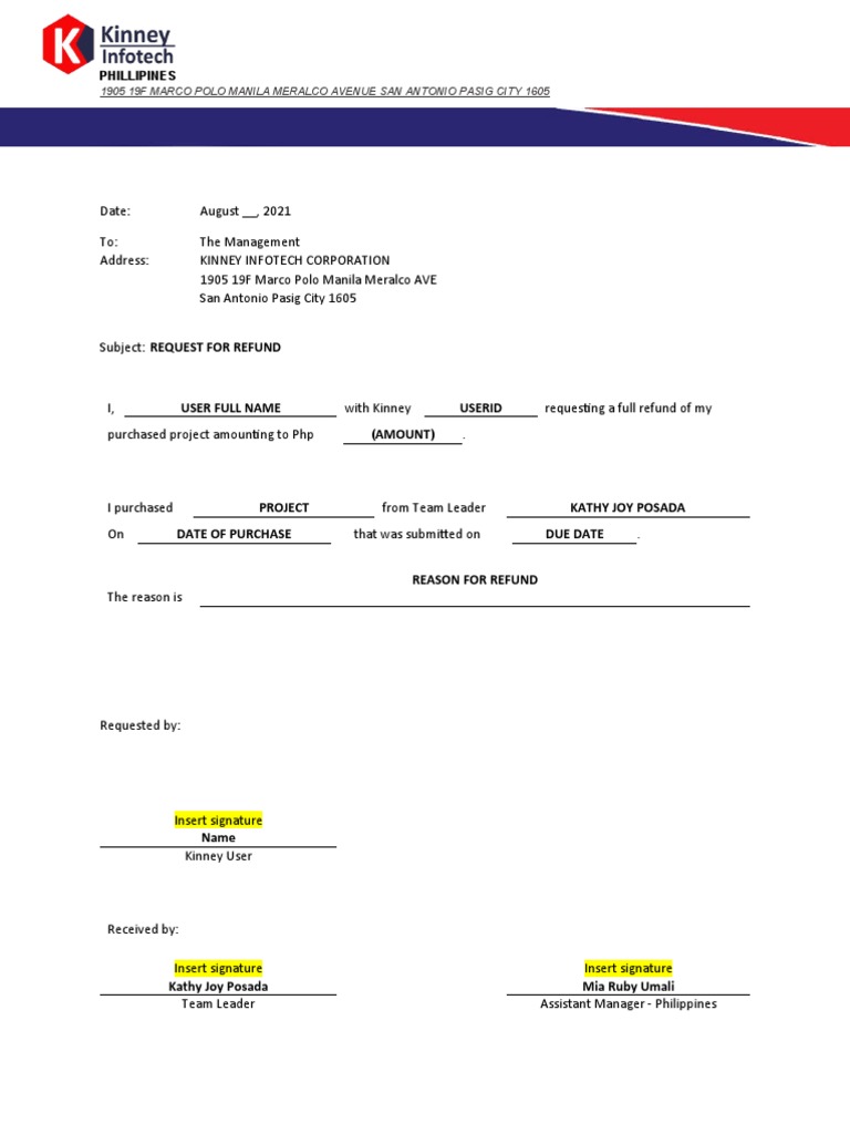 Refund Request Template for Kinney Users | PDF
