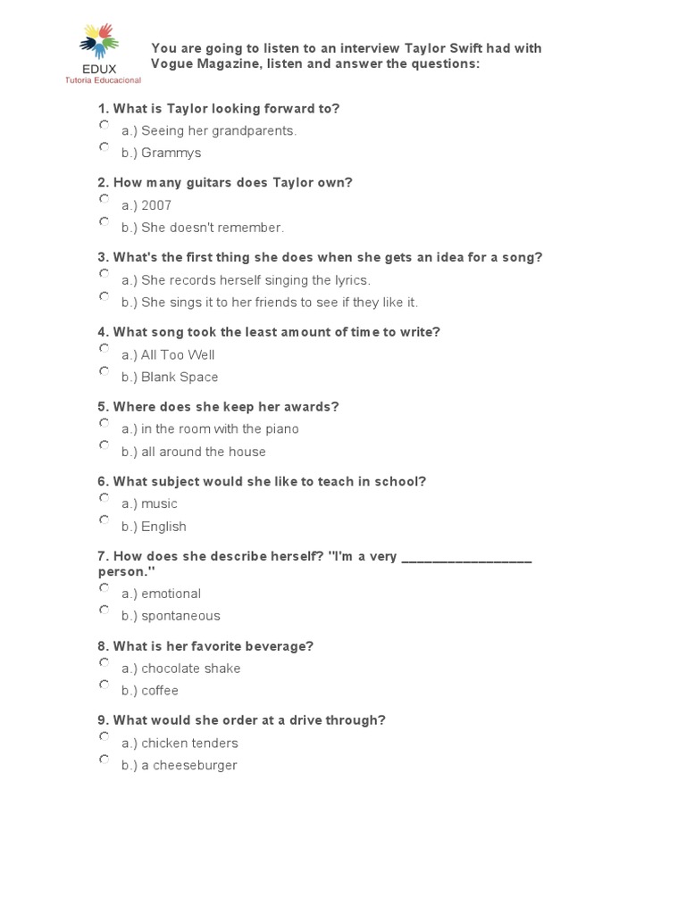 Taylor Swift Fan Quiz | PDF