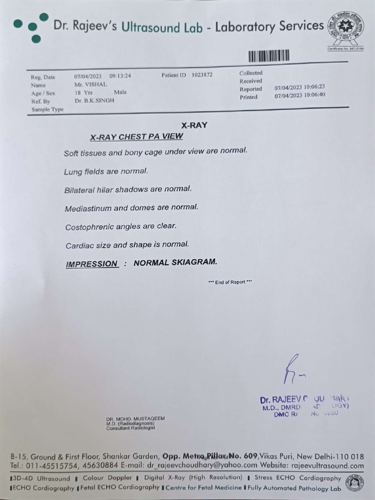 X-RAY CHEST PA VIEW Report | PDF