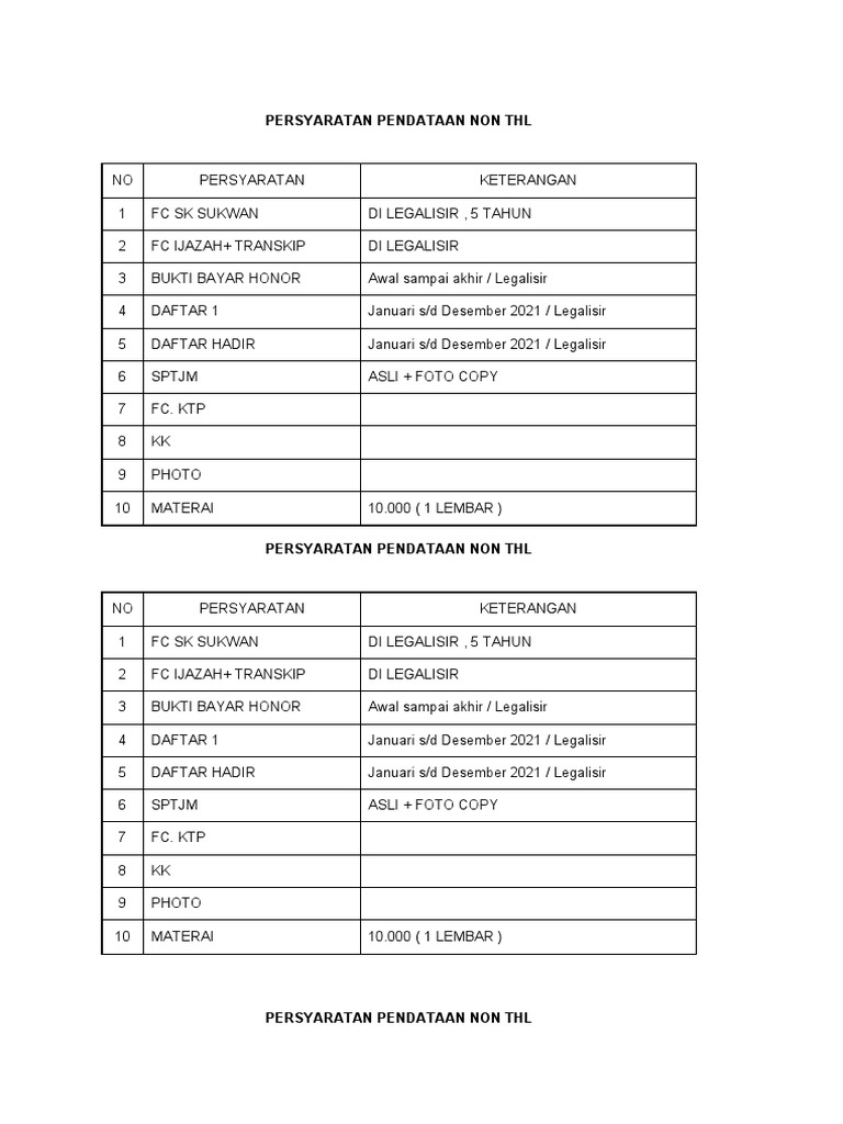 Persyaratan Pendataan Non THL | PDF