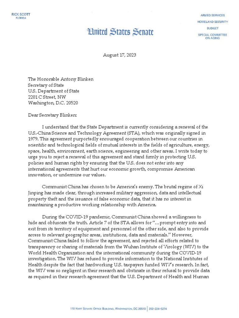 Sen. Rick Scott Letter To State Dept - US China Science Agreement ...