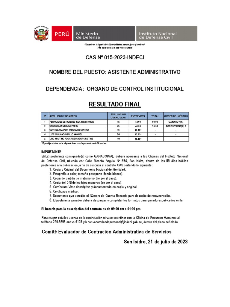 Resultado Final Proceso CAS 015 2023 | PDF