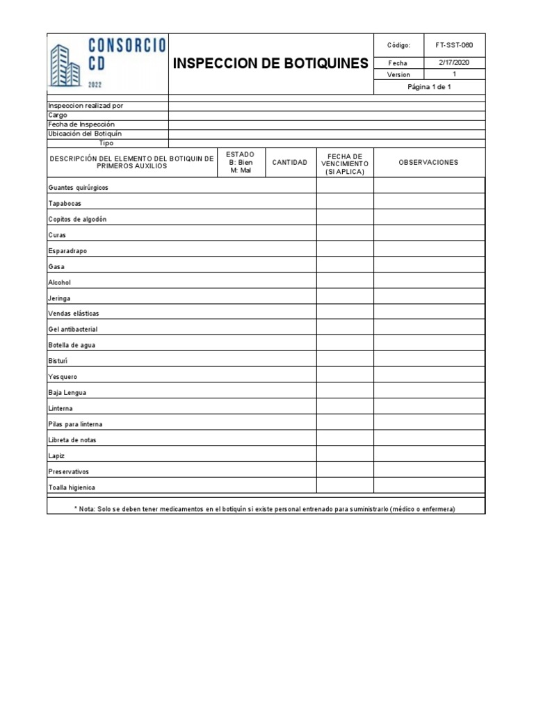 FT-SST-060 Formato de Inspeccion de Botiquin | PDF