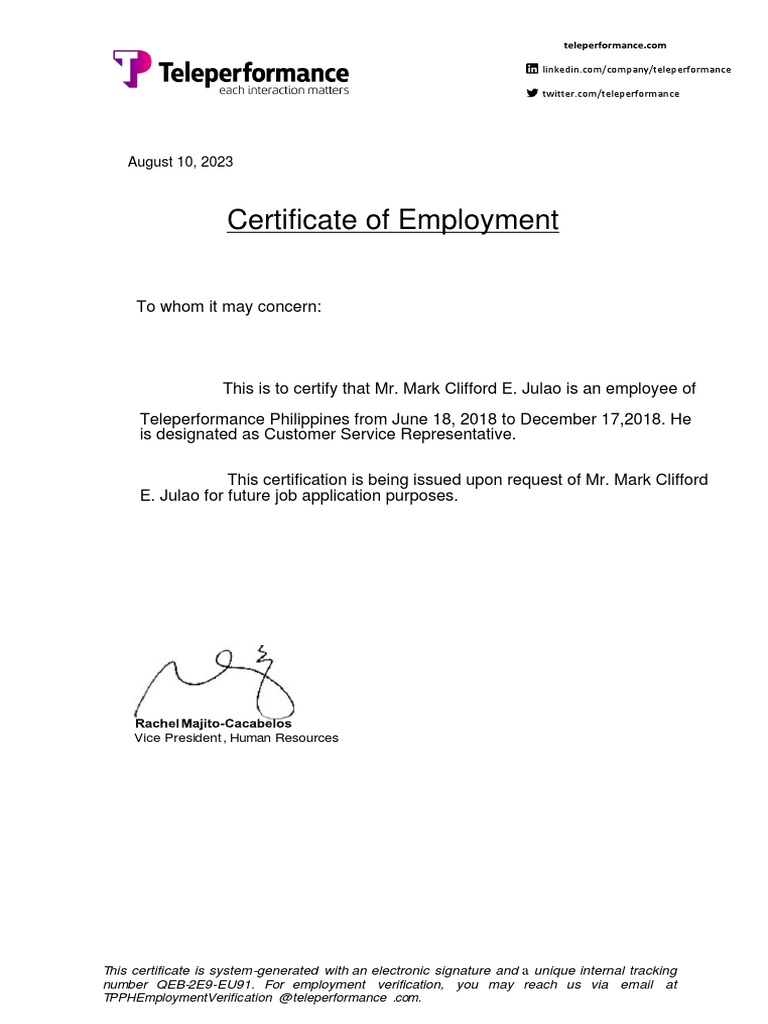 Teleperformance Certificate of Employment | PDF | Business