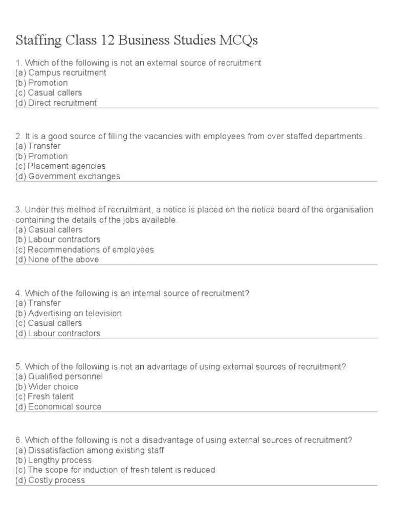 Staffing Class 12 Business Studies MCQs | PDF