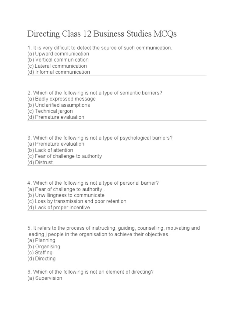 Directing Class 12 Business Studies MCQs | PDF