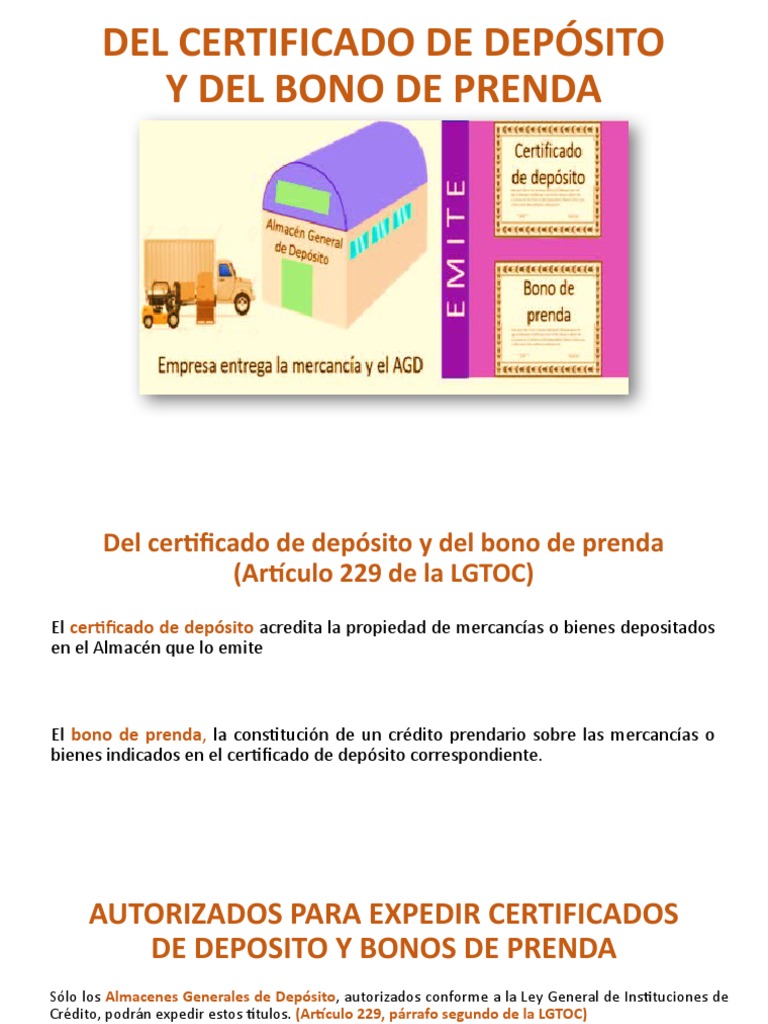 Certificado de Depósito y Bono de Prenda | PDF | Negocios | Finanzas y ...