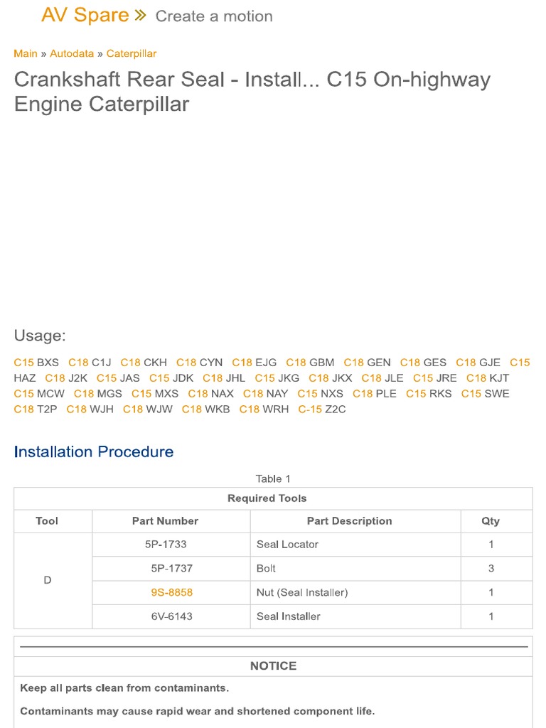 Crankshaft Rear Seal - Install... C15 O... Ghway Engine Caterpillar ...