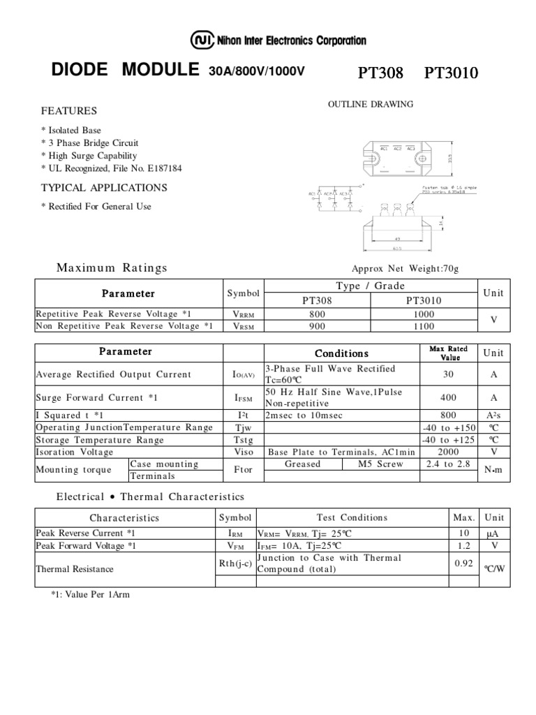 30A/800V/1000V Diode Module Specs | PDF | Technology & Engineering
