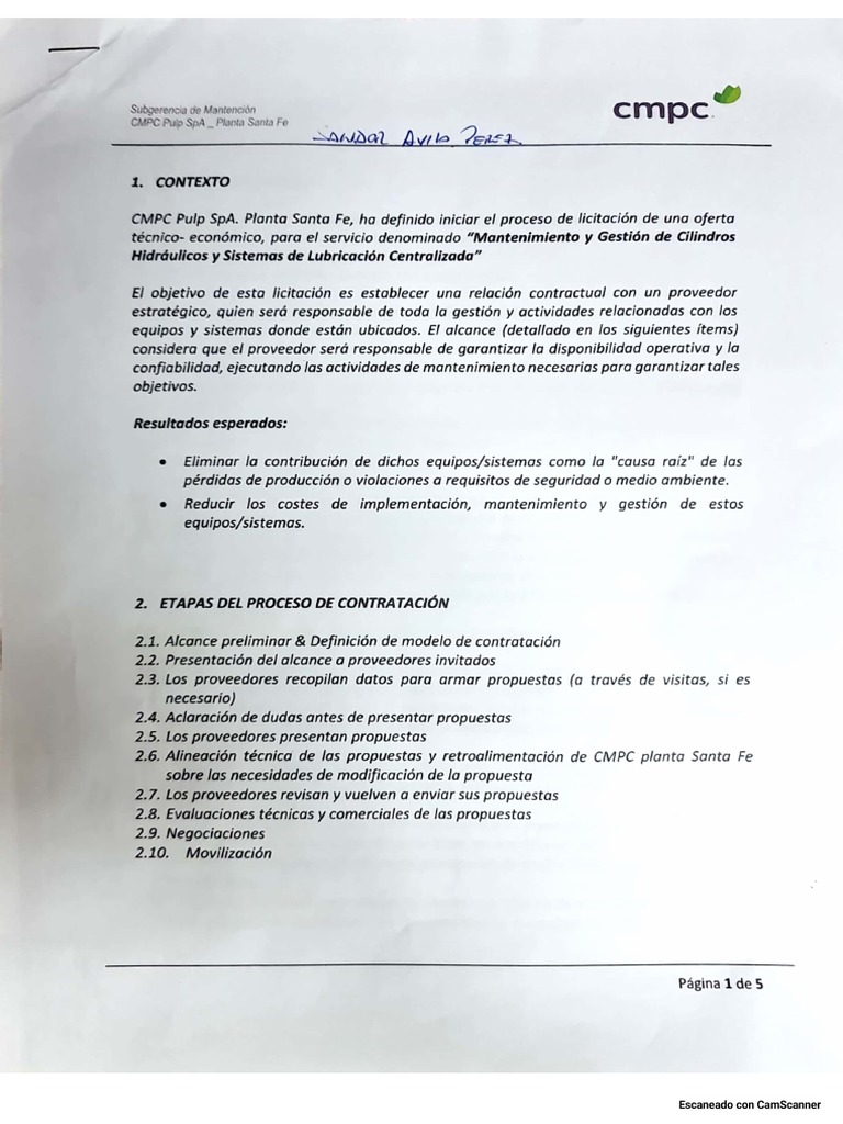 Bases Tecnicas Licitacion CMPC Santa Fe | PDF