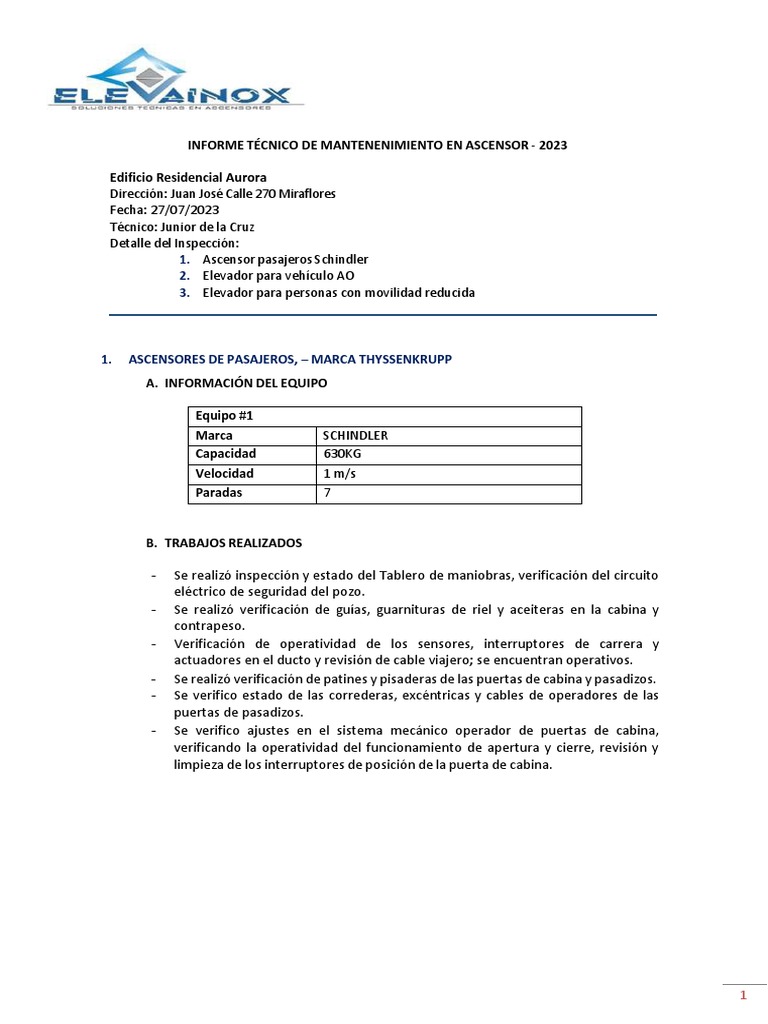Informe Técnico de Ascensor - Julio 2023 | Descargar gratis PDF | Ascensor | Infraestructura de ...