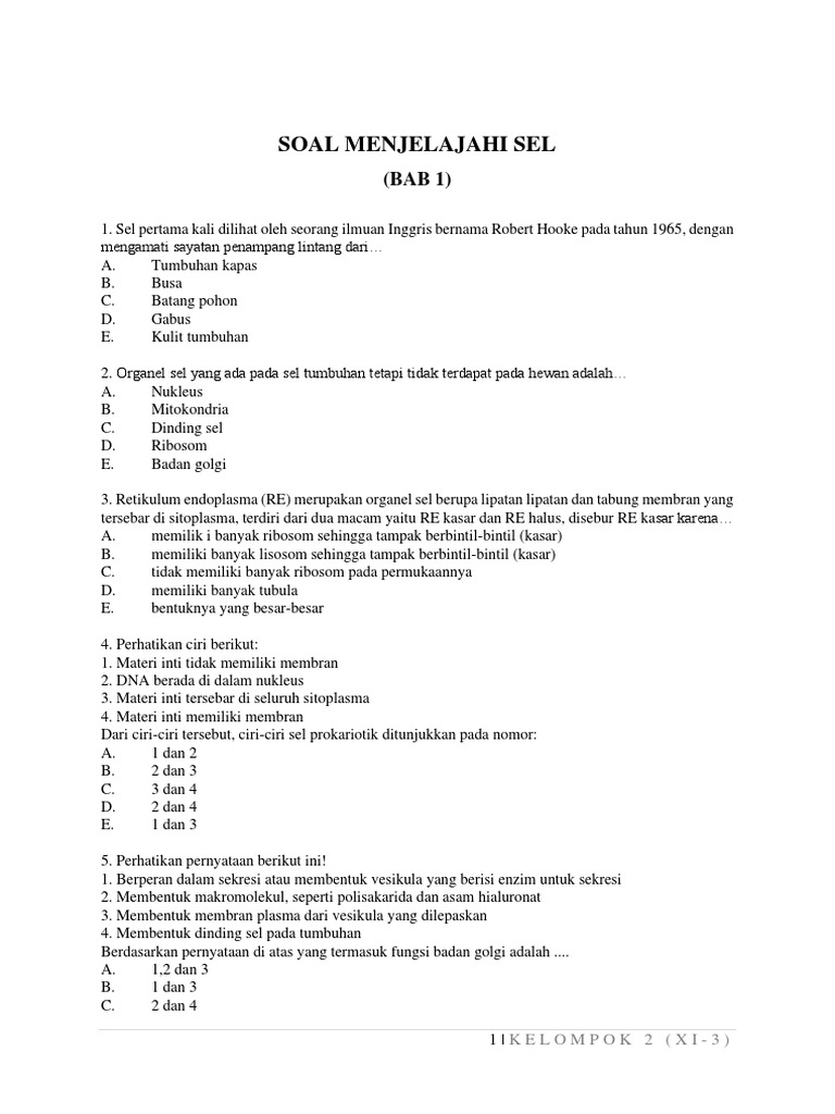 Fixed Ke 2 Soal Menjelajah Sel Bab 1 Kelompok 2 (Xi-3) | PDF