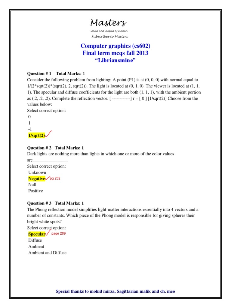 CS602 MCQS For Final Term Verified by Masters | PDF | Curve | Refraction