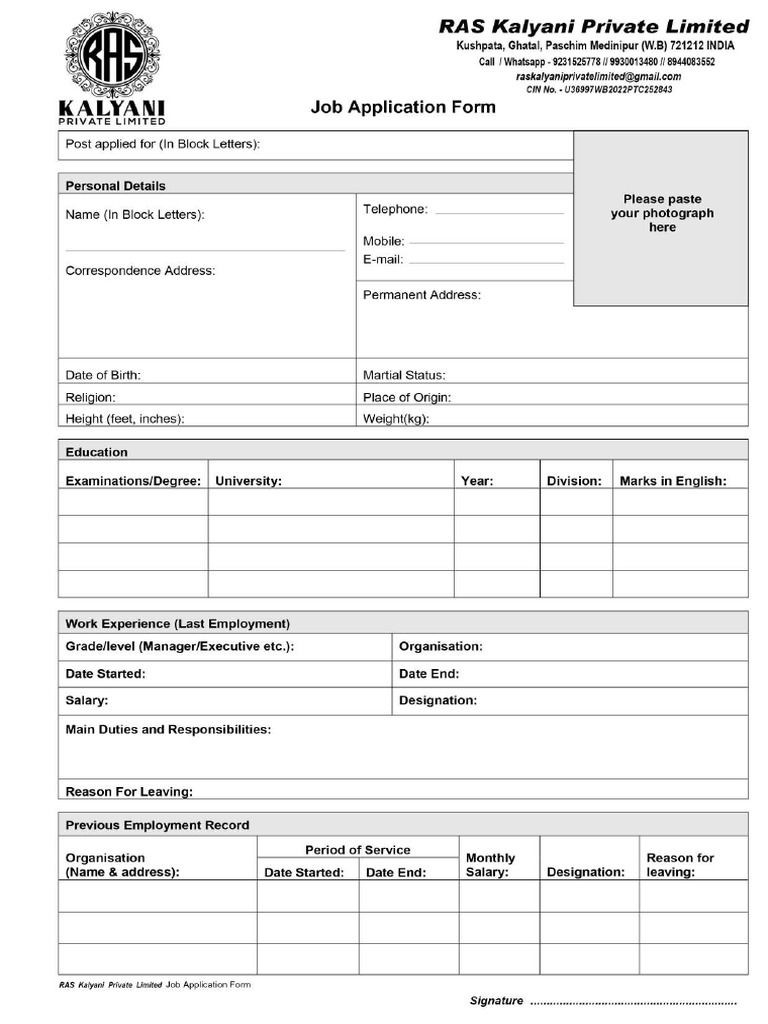 Ras Kalyani Job Application | PDF