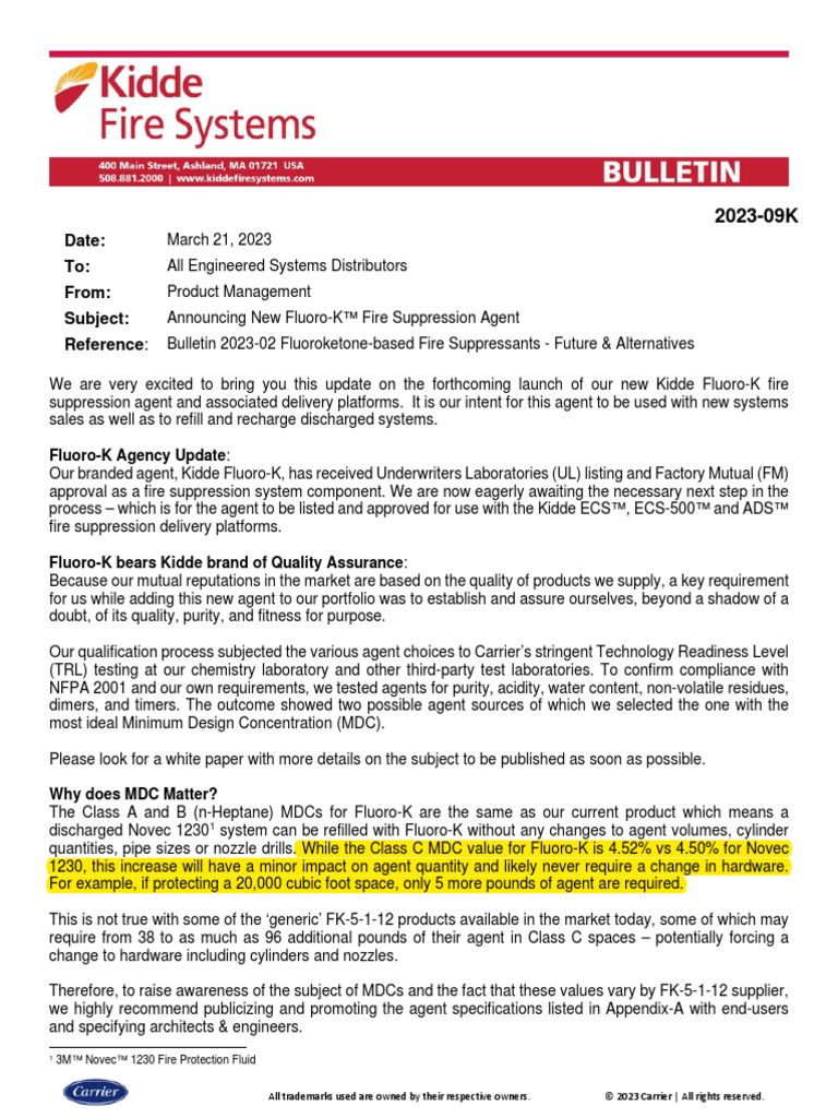 Kidde Bulletin 2023-09K - Announcing New Fluoro-K Agent | PDF