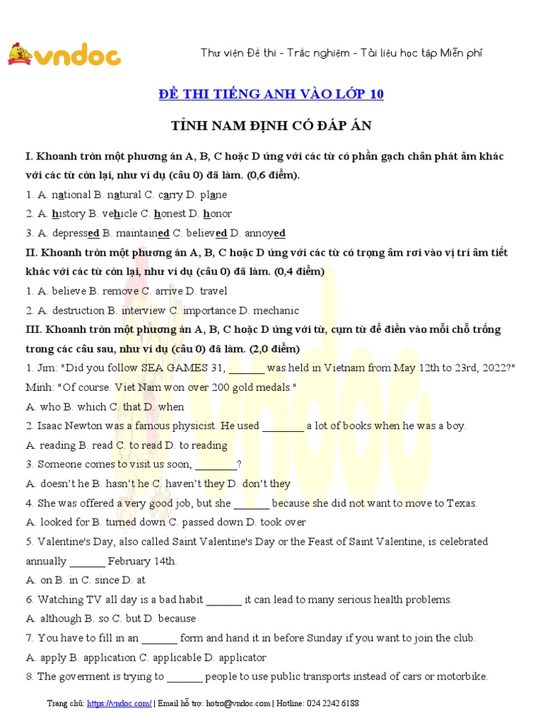 De Thi Thu Vao 10 Mon Tieng Anh Nam Dinh | PDF