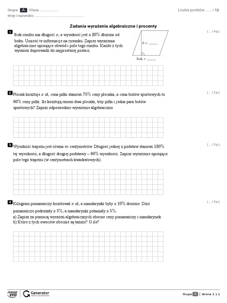 Zadania Wyrazenia Algebraiczne I Procenty | PDF