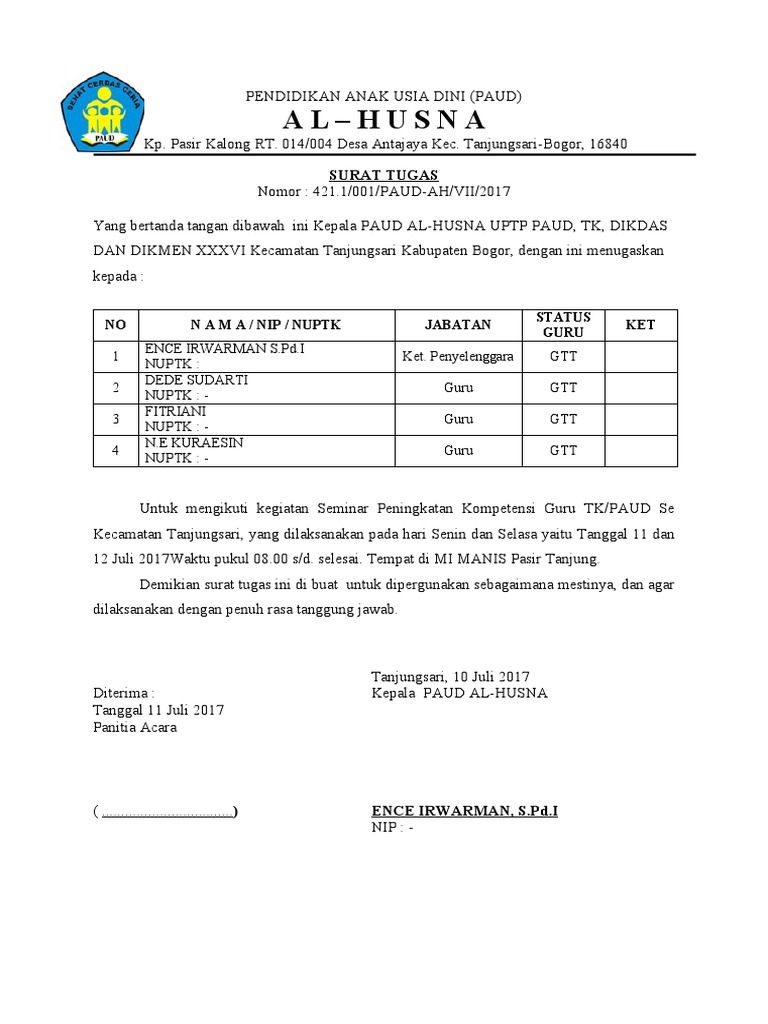 Surat Tugas Paud | PDF
