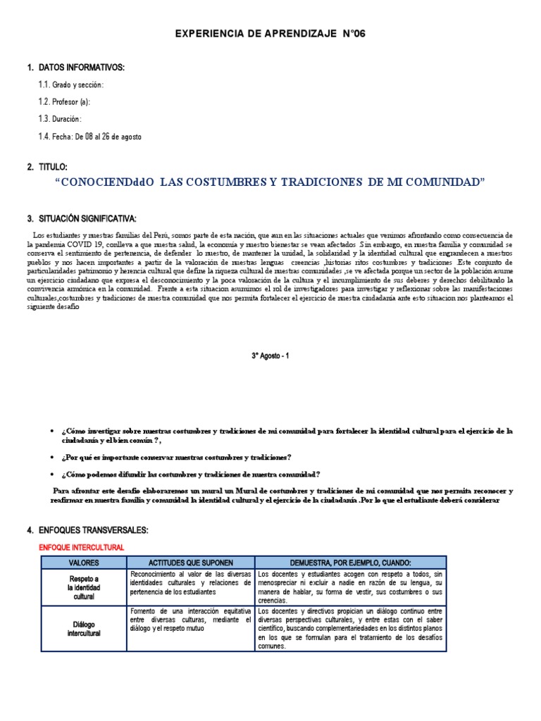 Grado - Experiencia de Aprendizaje N°06 | PDF