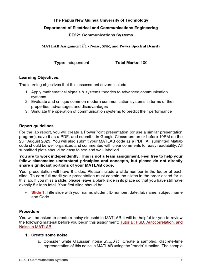 EE321 - Assignment #1 - Noise, SNR, and Power Spectral Density | PDF | Signal To Noise Ratio ...