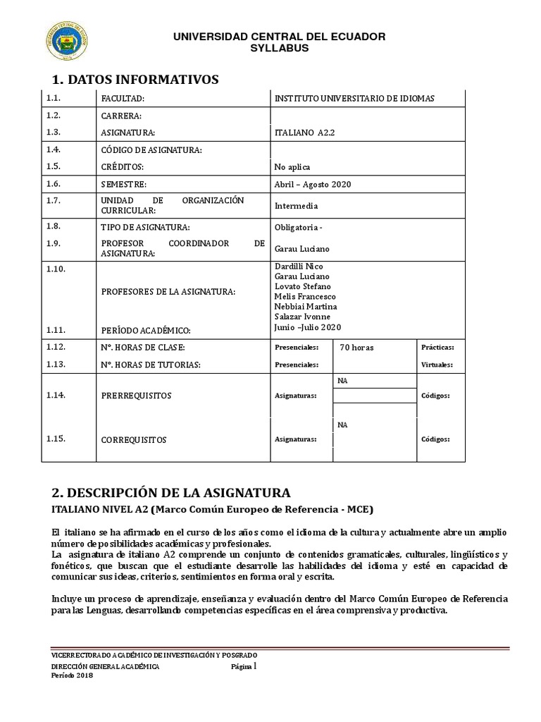 Syllabus Italiano A2 2 Universidad Central Pdf Arte